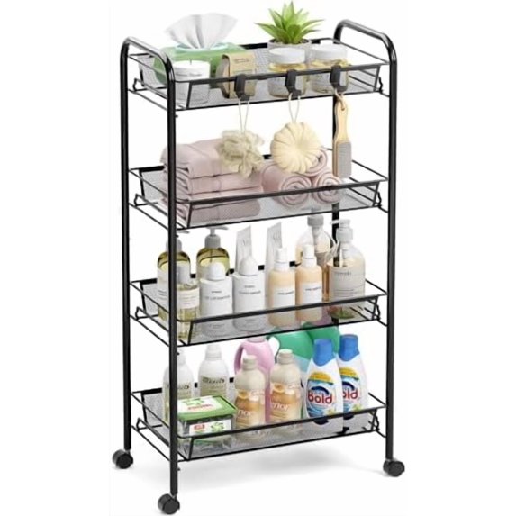 4-Tier Rolling Cart, Metal Utility Cart with 3 Hooks, Easy Assemble ...