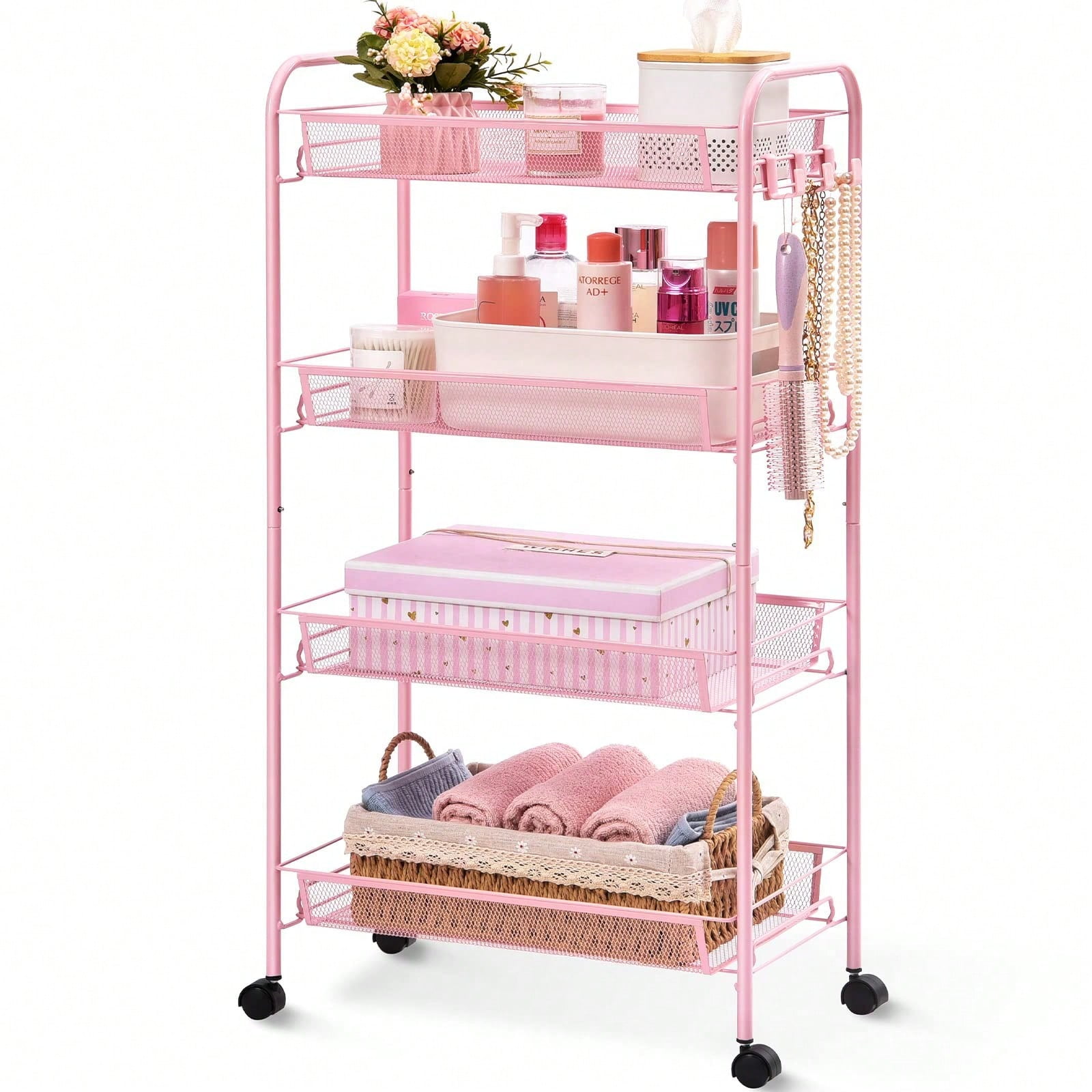 4-Tier Rolling Cart, Metal Utility Cart With 3 Hooks, Easy Assemble ...