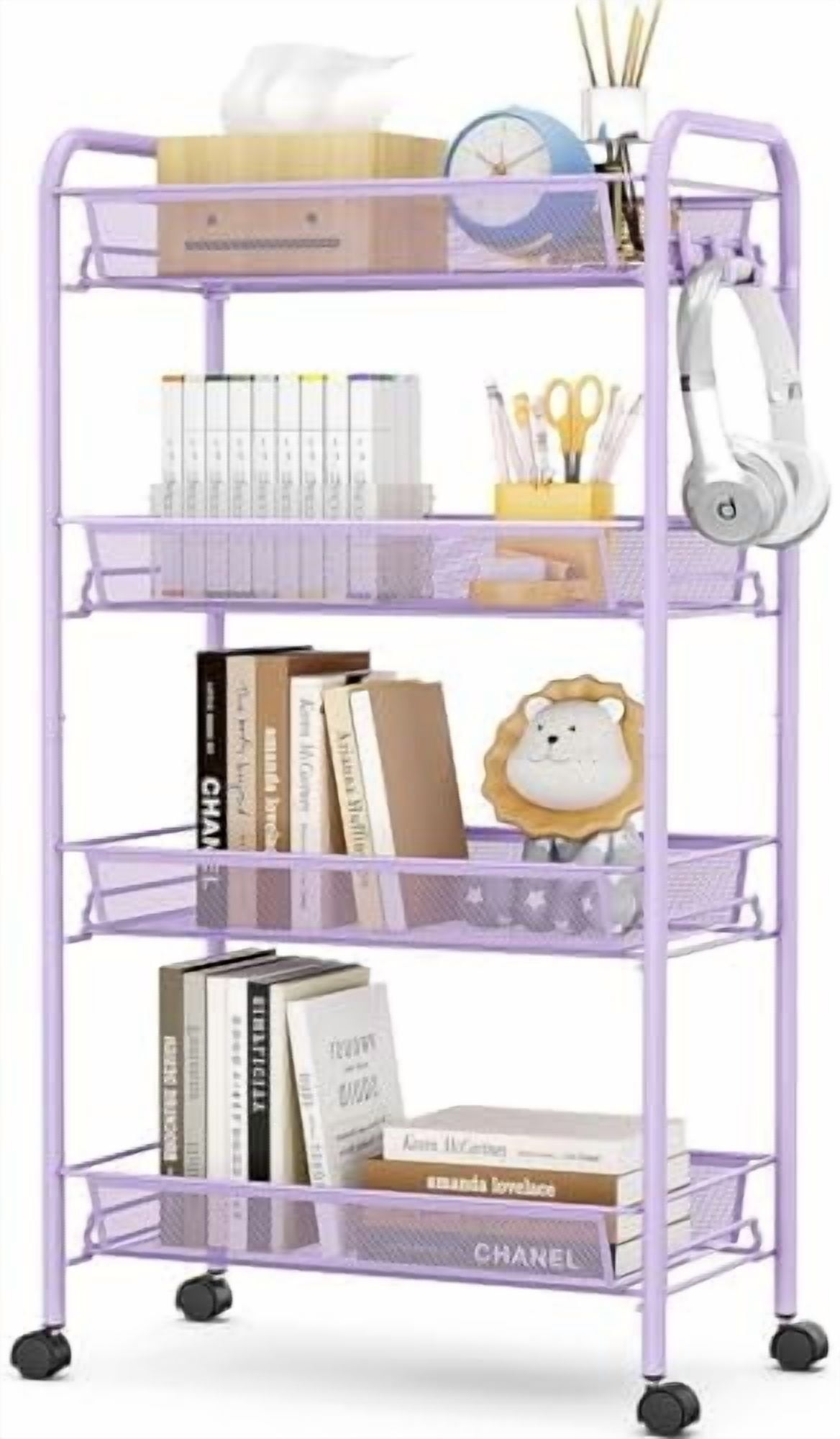 4-Tier Rolling Cart, Metal Utility Cart with 3 Hooks, Easy Assemble ...