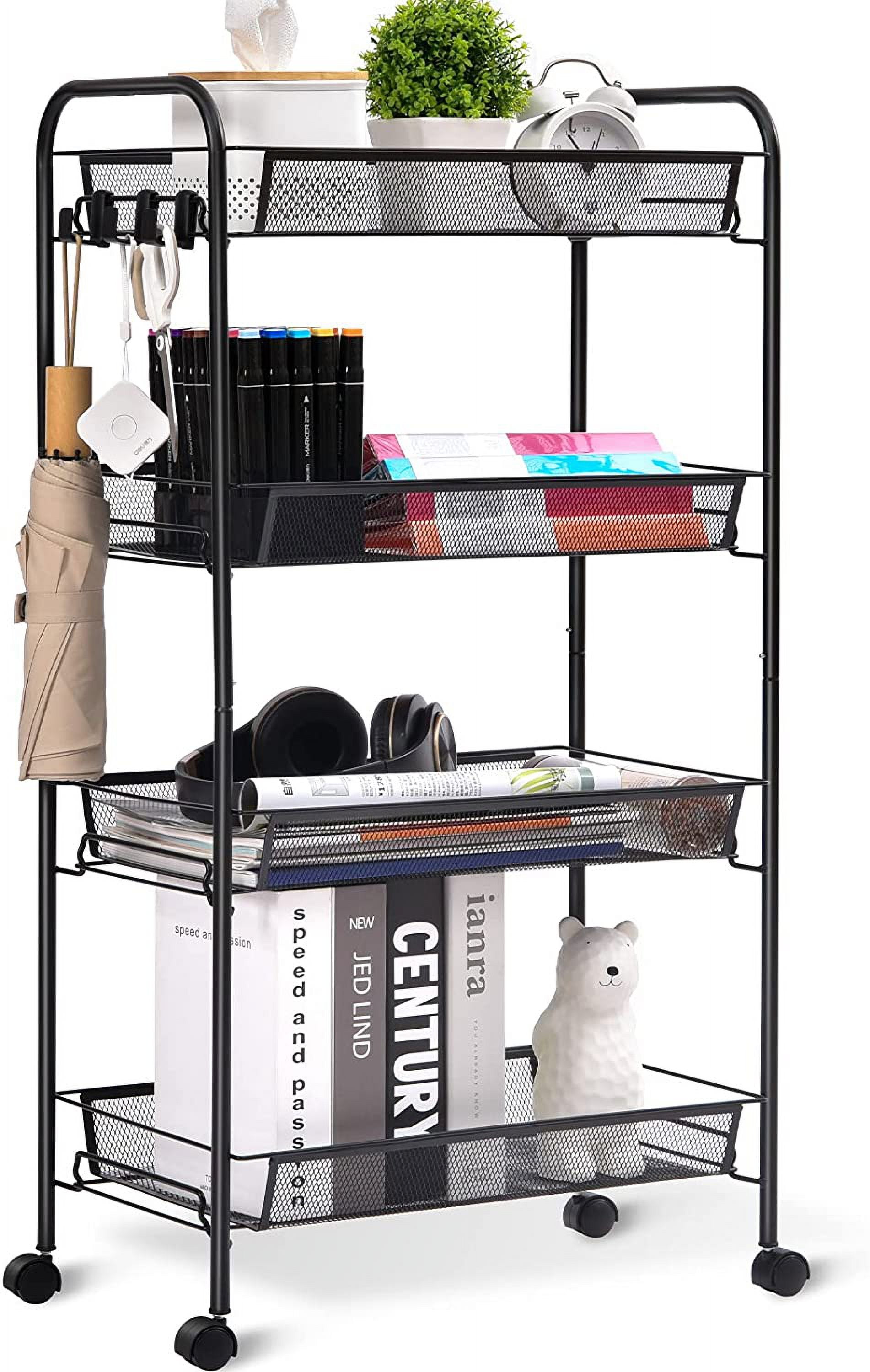 4-Tier Rolling Cart, Metal Utility Cart with 3 Hooks, Easy Assemble ...
