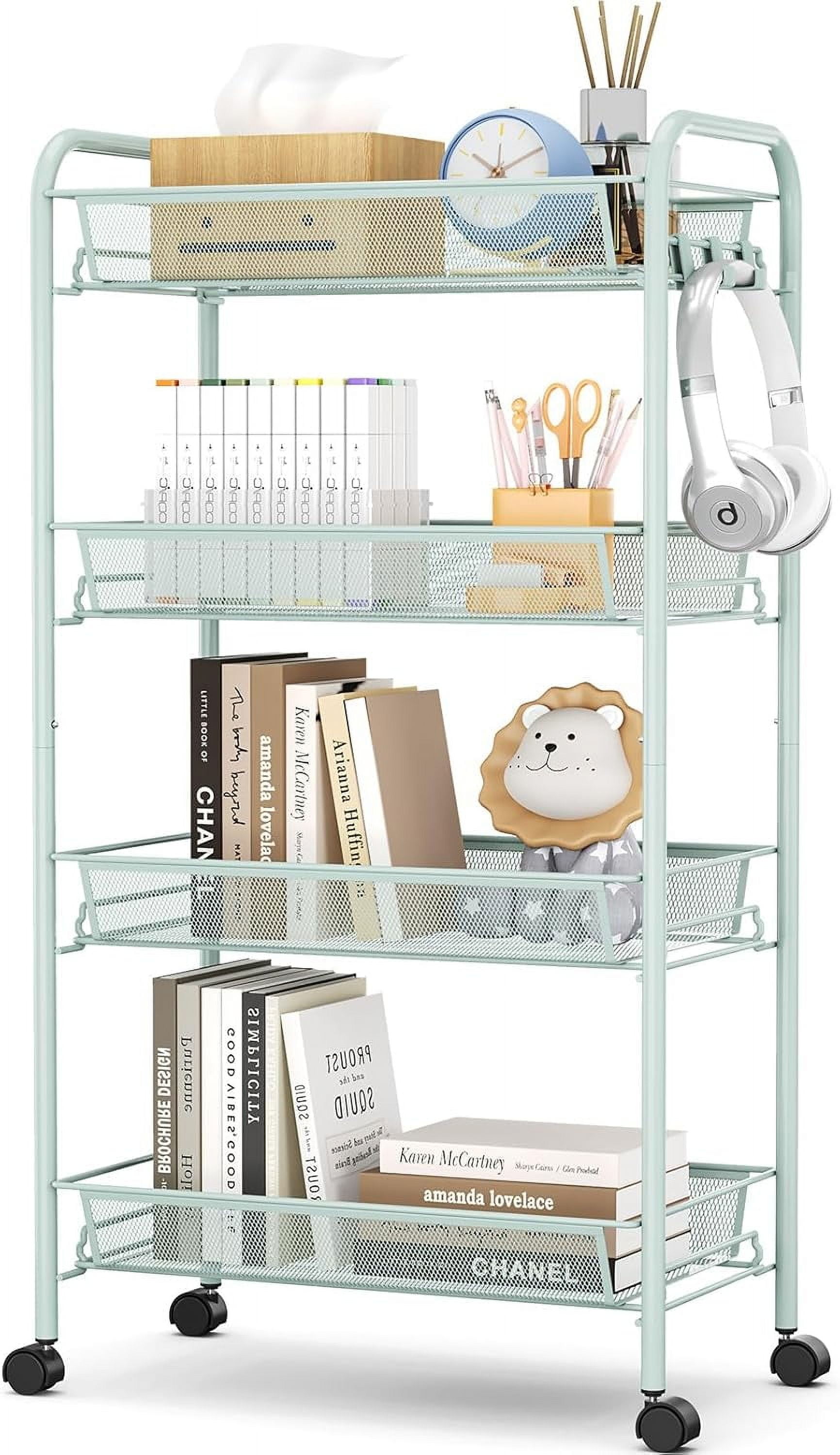 4-Tier Rolling Cart, Metal Utility Cart with 3 Hooks, Easy Assemble ...