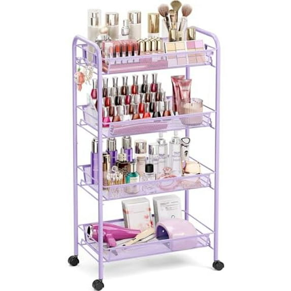4-Tier Rolling Cart, Metal Utility Cart with 3 Hooks, Easy Assemble ...
