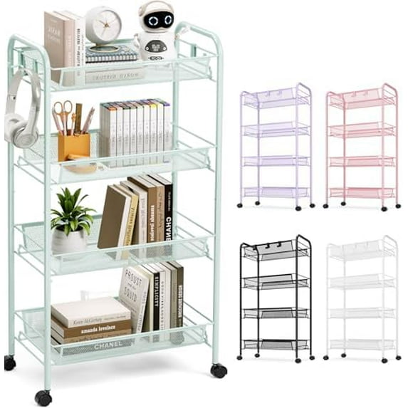 4-Tier Rolling Cart, Metal Utility Cart with 3 Hooks, Easy Assemble ...
