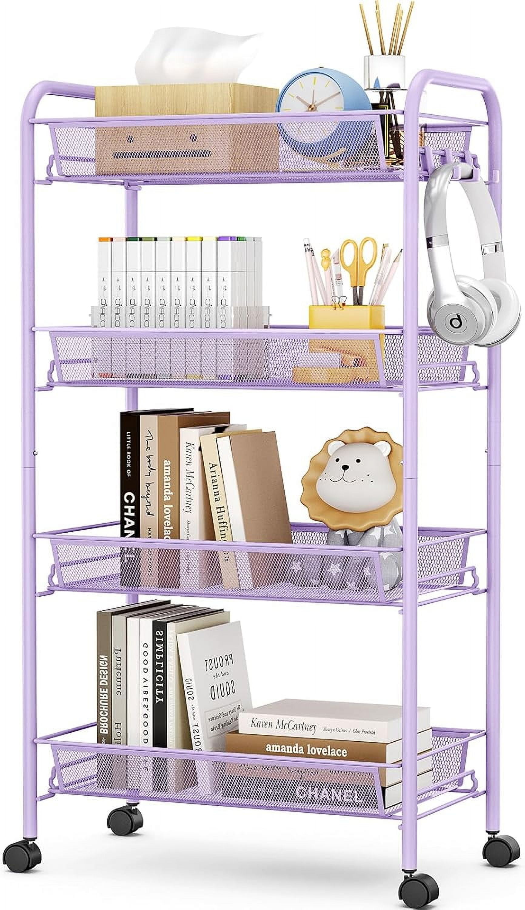 4-Tier Rolling Cart, Metal Utility Cart with 3 Hooks, Easy Assemble ...