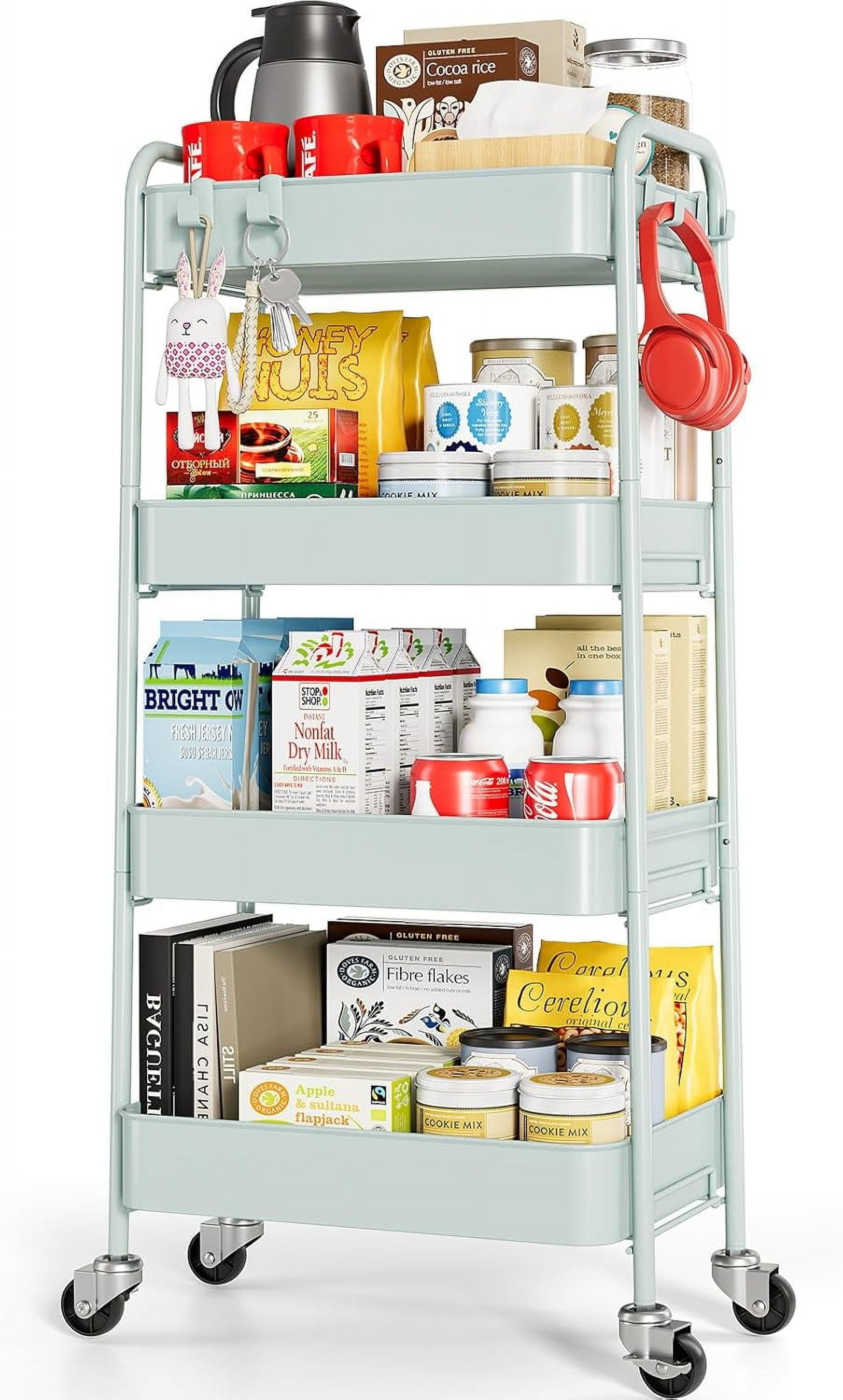 4-Tier Rolling Cart, Metal Utility Cart with Lockable Wheels, Storage ...