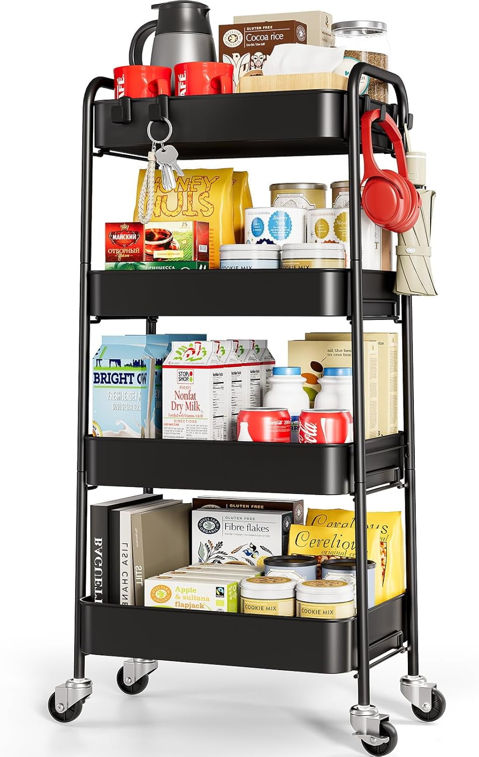 4-Tier Rolling Cart, Metal Utility Cart with Lockable Wheels, Storage ...