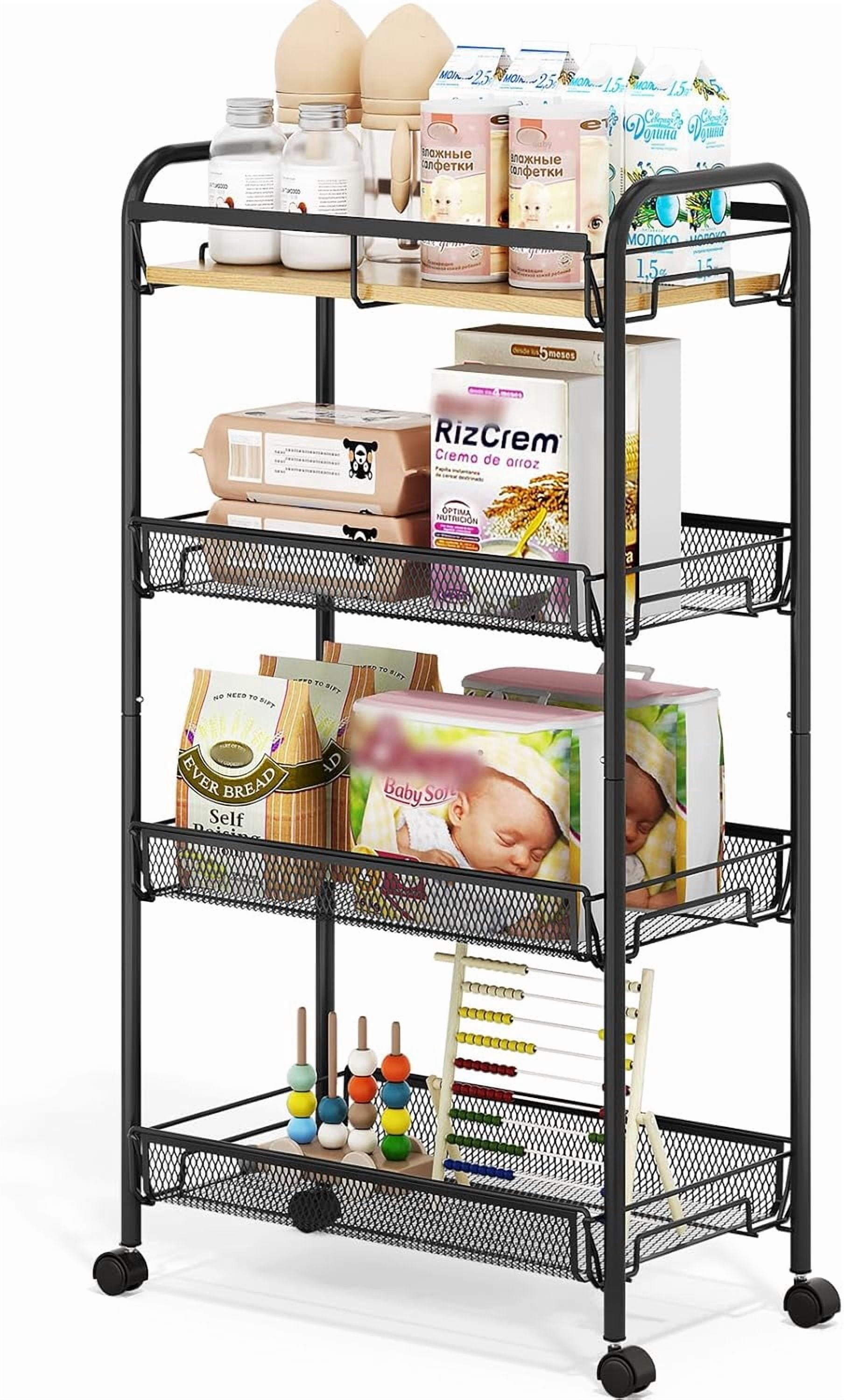 4-Tier Rolling Cart, Metal Utility Cart, Slide Out Storage Cart with ...