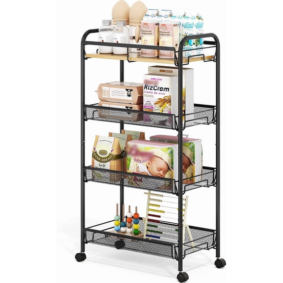 4-Tier Rolling Cart, Metal Utility Cart, Slide Out Storage Cart with ...