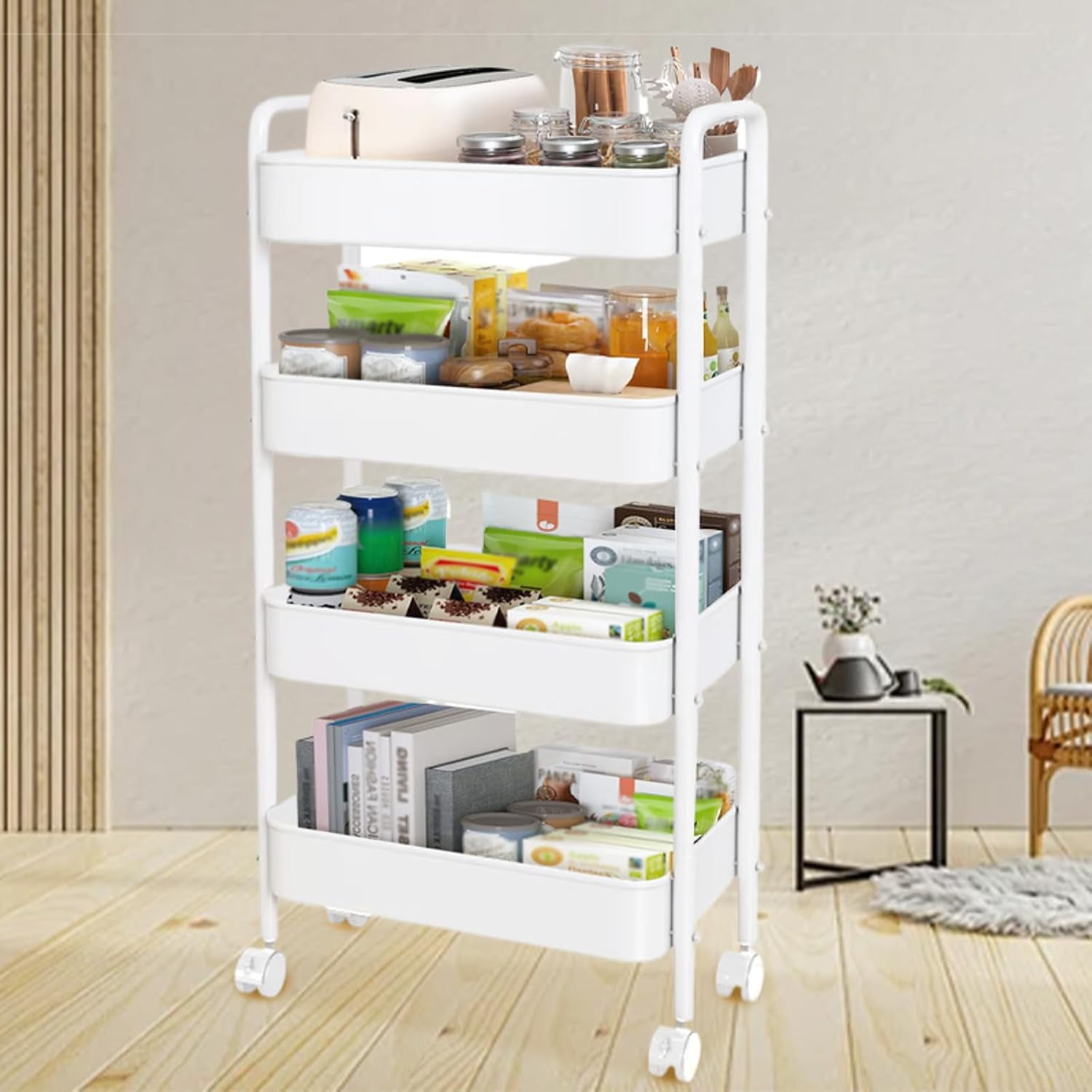 4 Tier Rolling Cart,Metal Utility Cart with Wheels,Detachable Rolling ...