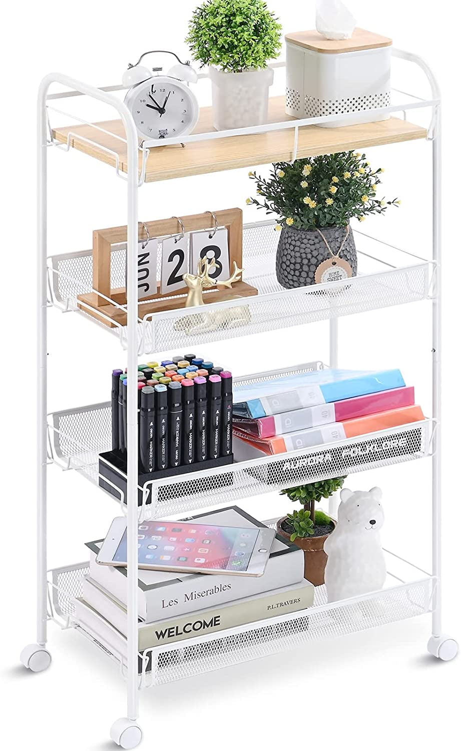 4-Tier Rolling Cart,Metal Utility Cart with Wooden Tabletop,Easy ...
