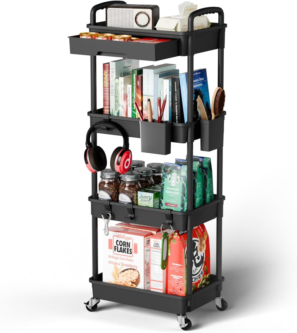 4 Tier Rolling Cart Organizer,Art Craft Diaper Bedside Snack Cart ...