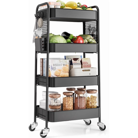 4 Tier Rolling Cart with Pegboard, Storage Organizer Cart with Wheels ...