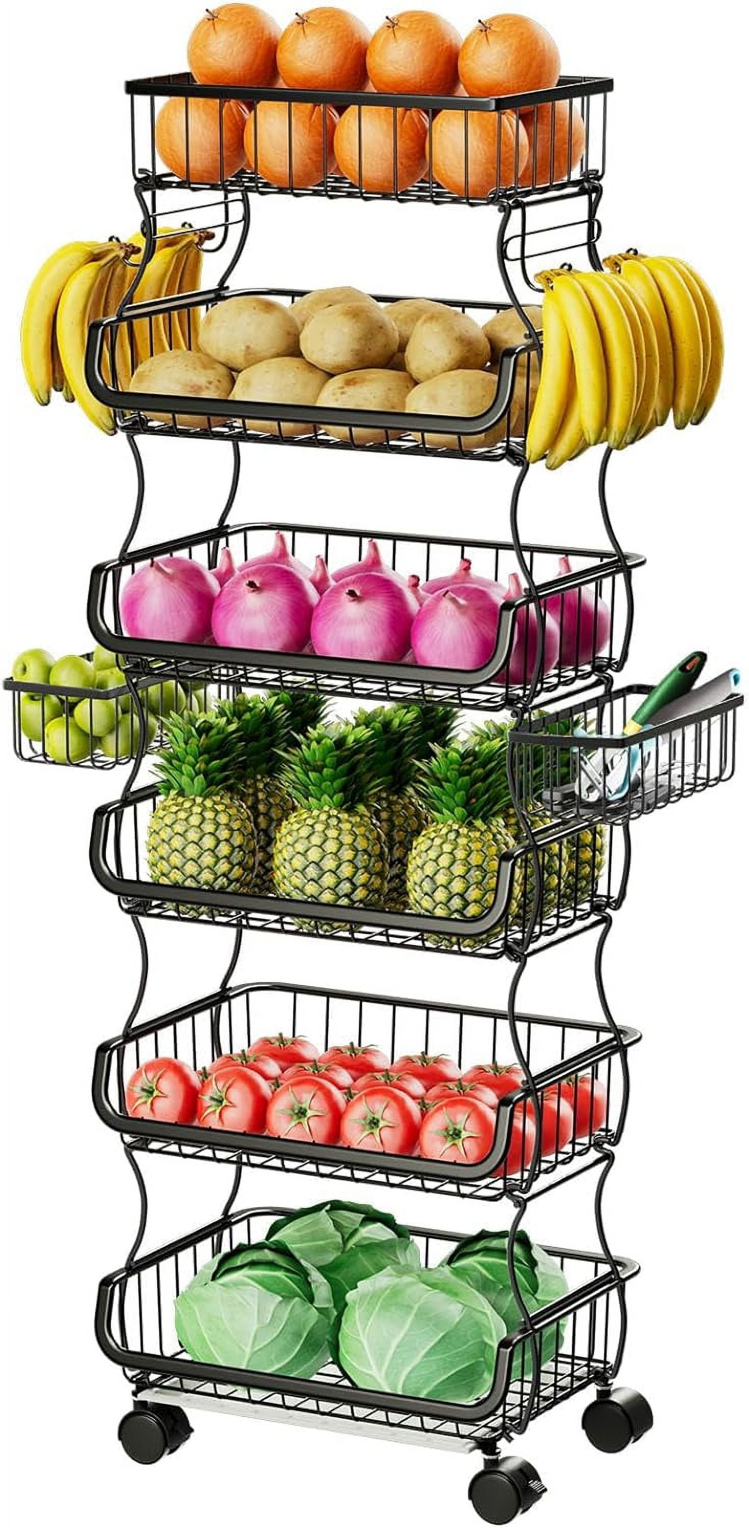 4 Tier Rolling Cart, Stackable Fruit Vegetable Basket with Wheels and 2 ...