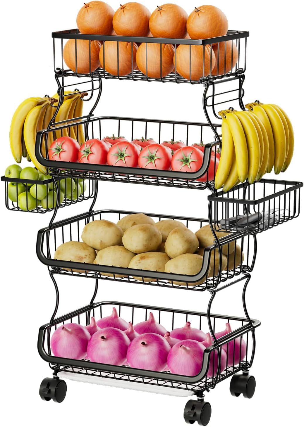 4 Tier Rolling Cart, Stackable Fruit Vegetable Basket with Wheels and 2 ...