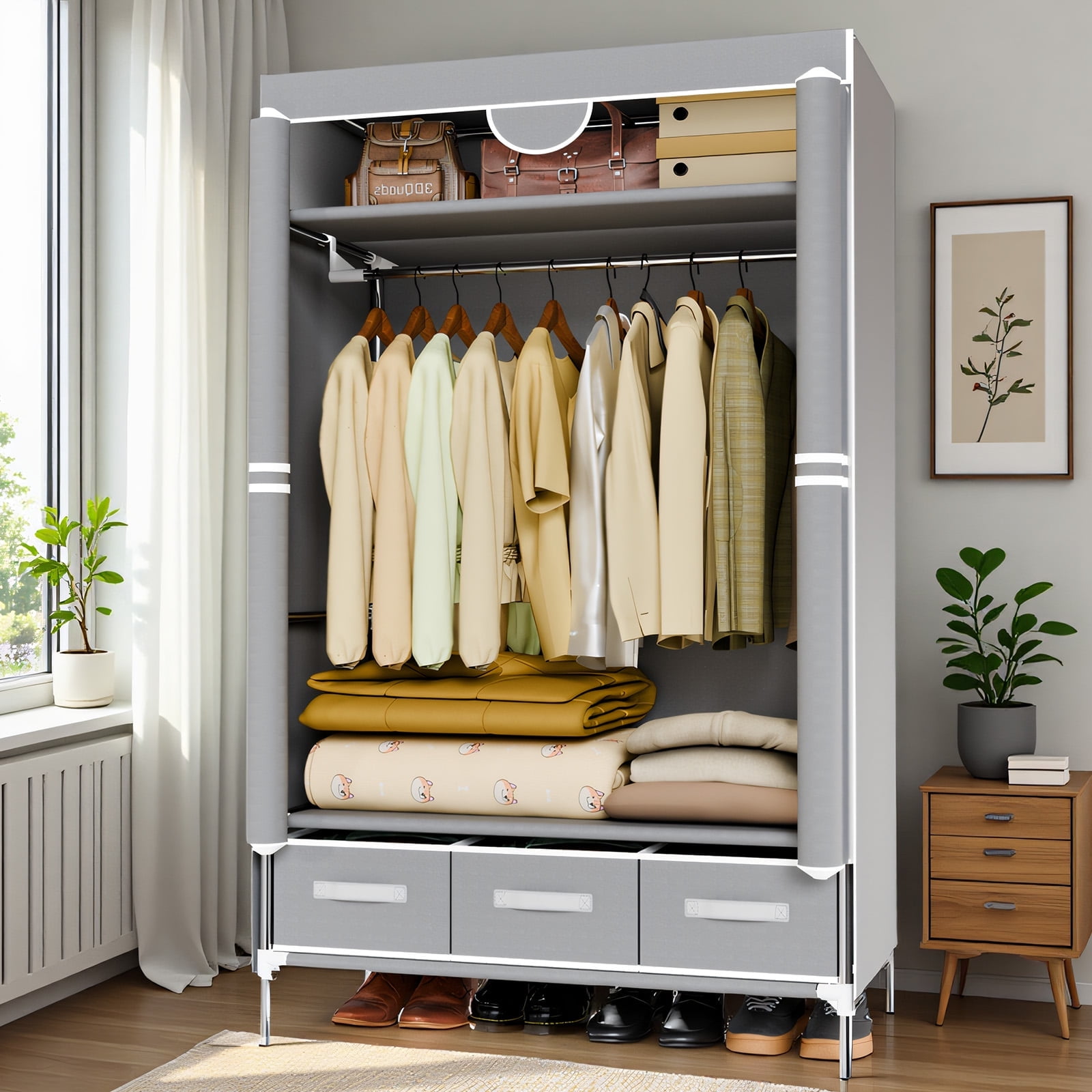 Portable Closet Organizer with 3 Storage Drawers, Non-Woven Fabric ...