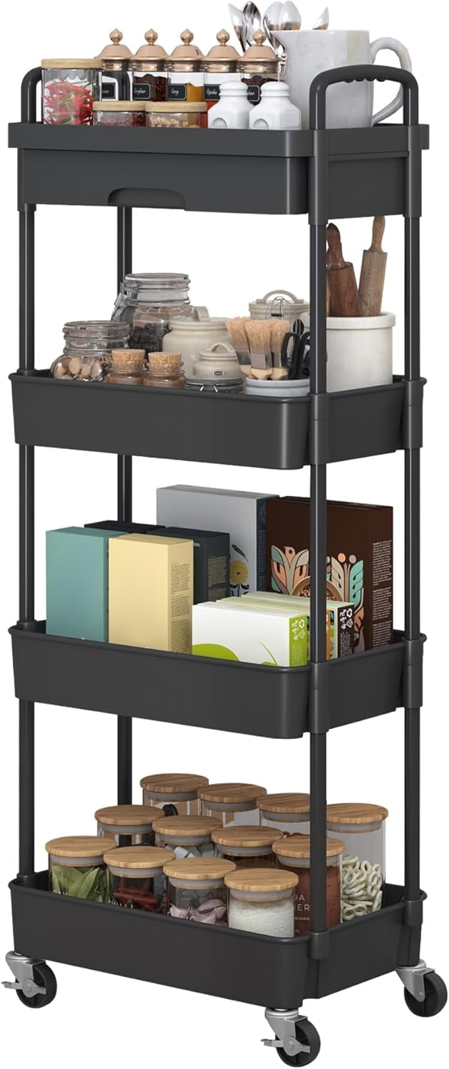 4-Tier Rolling Cart, Trolley with Drawer, Kitchen Storage Organizer ...