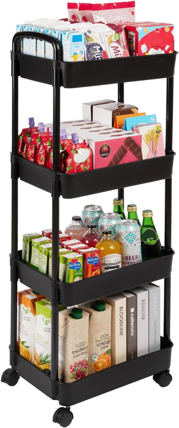 4 Tier Rolling Cart with Wheels, Detachable Utility Storage Cart with ...