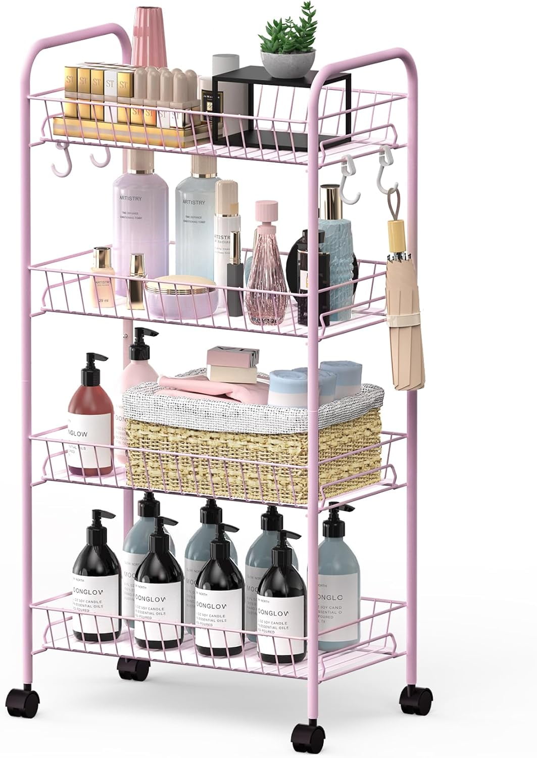 4-Tier Rolling Cart with 360° Wheels, Snack Cart, Removable Wire ...