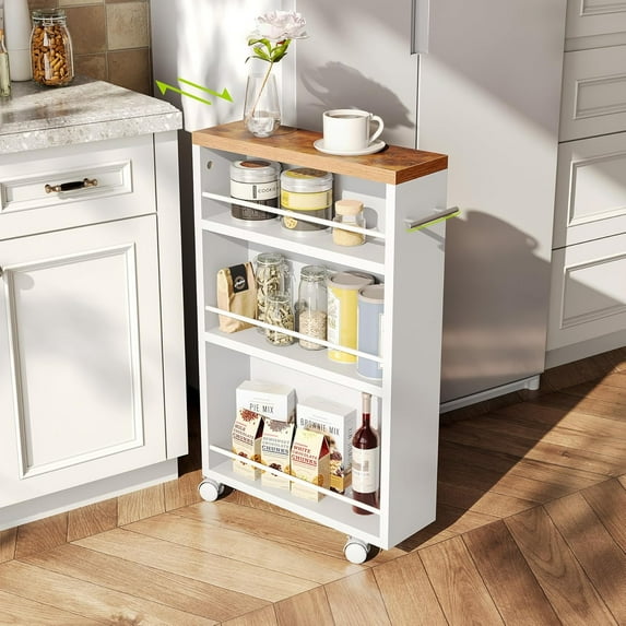 4 Tier Rolling Cart with Wheels, 6.3 Inch Slim Storage Cart, Wooden ...