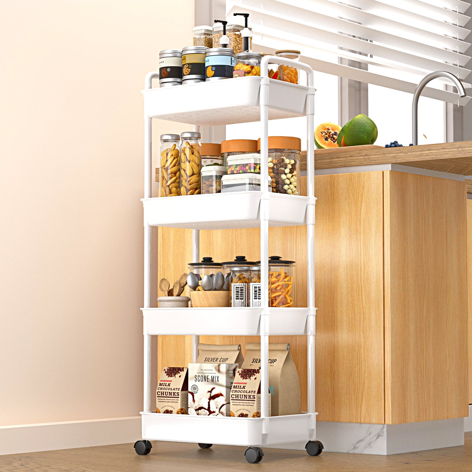 4-Tier Rolling Carts Kitchen Utility Carts with Wheels & Handle ...