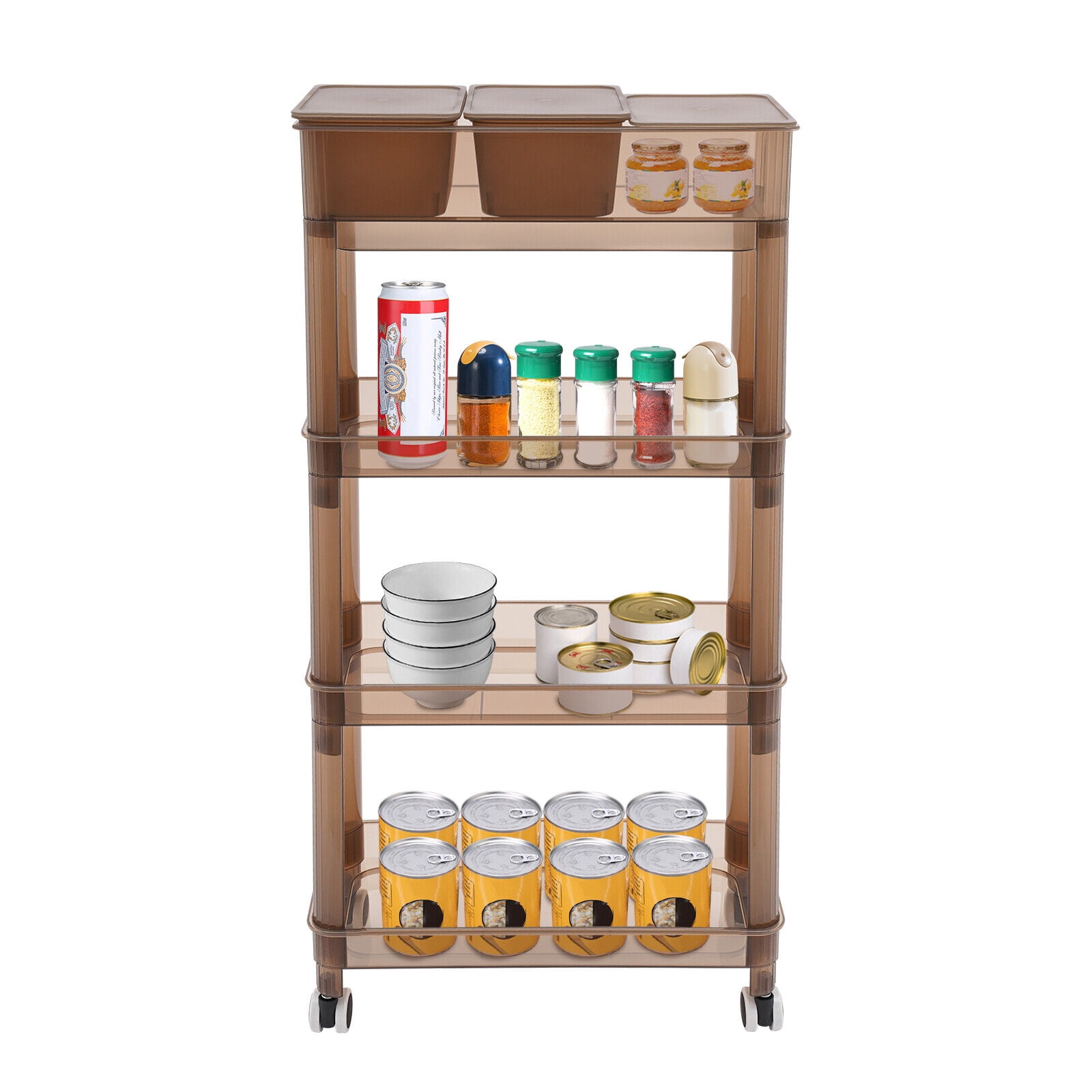 4 Tier Rolling Carts with Wheels, Transparent Brown Utility Cart with ...