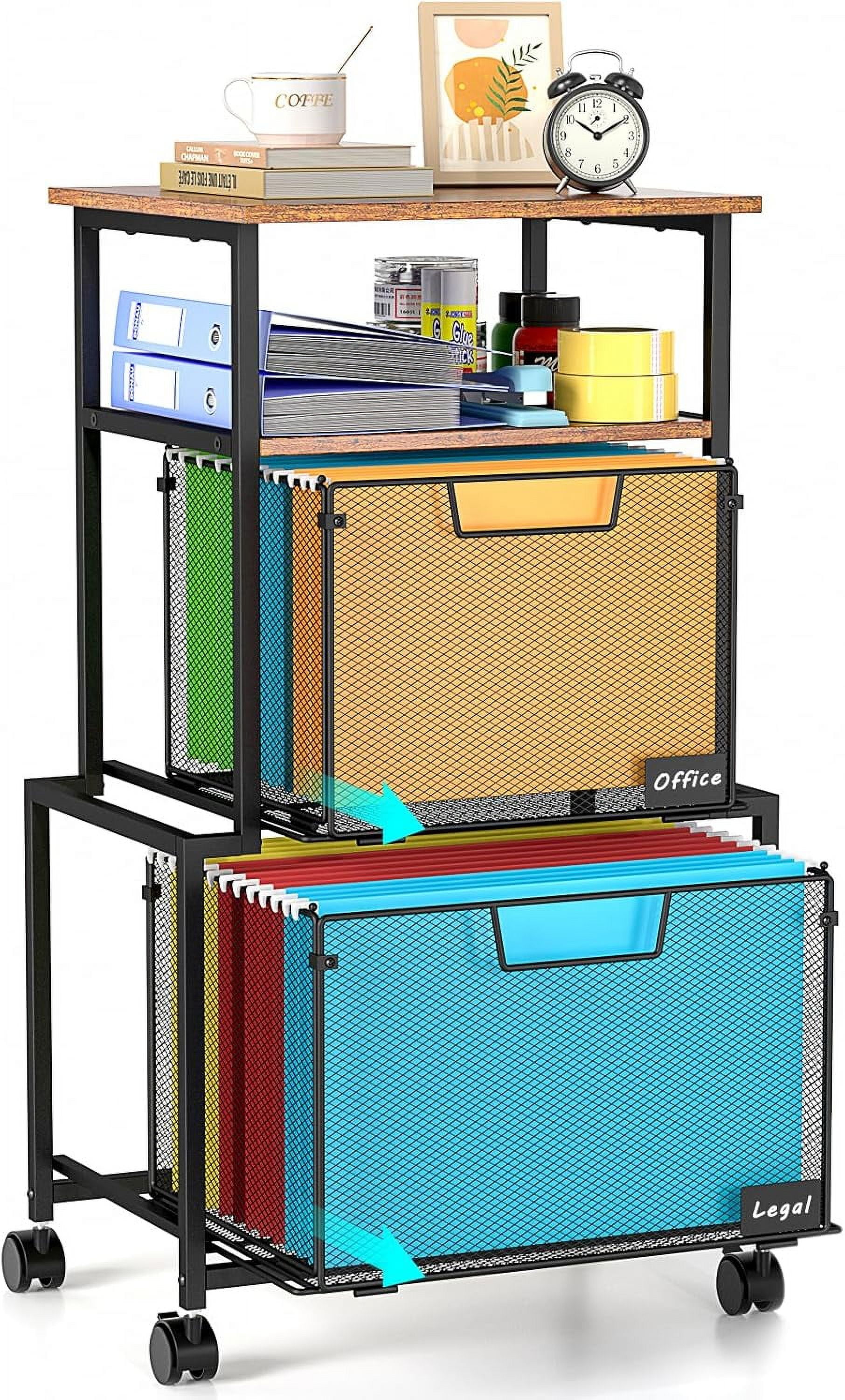 4-Tier Rolling File Cart with 2 Drawer File Cabinet, Vertical Filing ...