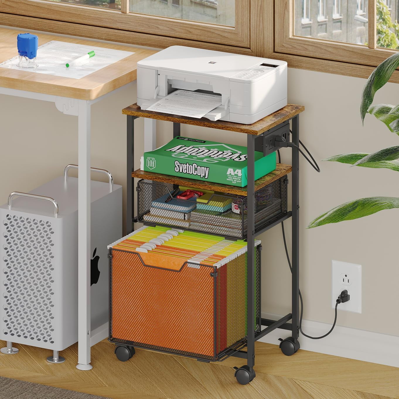 4-Tier Rolling File Cart, 2 Drawer Mobile Filing Cabinet for Home ...