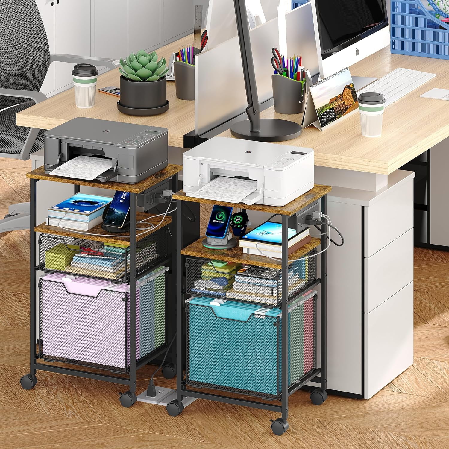 4-Tier Rolling File Cart with Power Outlets, 2 Drawer Mobile Filing ...