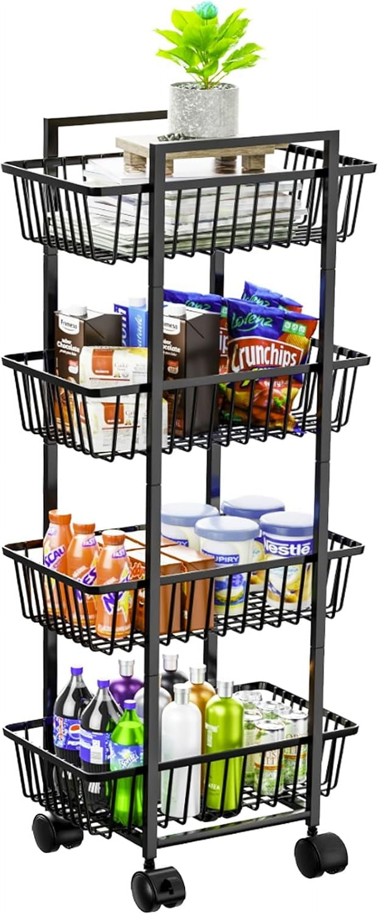 4 Tier Rolling Fruit Vegetable Basket Cart, Metal Wire Kitchen Storage ...
