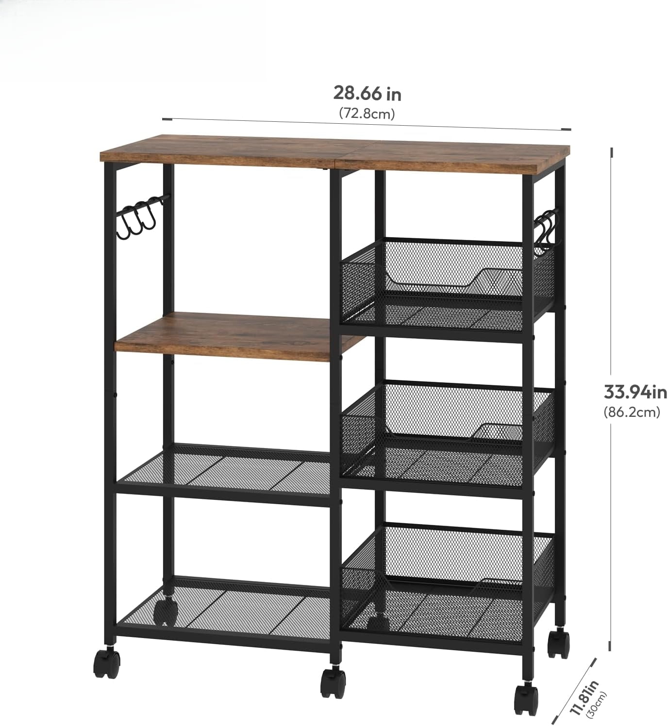 4-Tier Rolling Kitchen Cart with Storage Shelves, Removable Hooks ...
