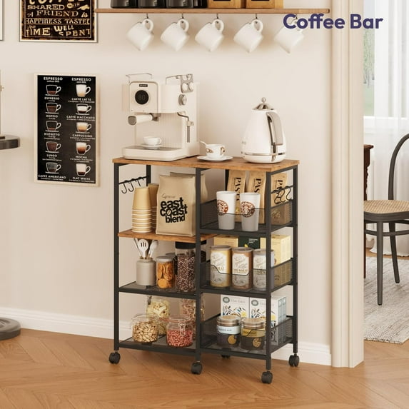 4-Tier Rolling Kitchen Island Cart with Wheels, Espresso Kitchen Table ...