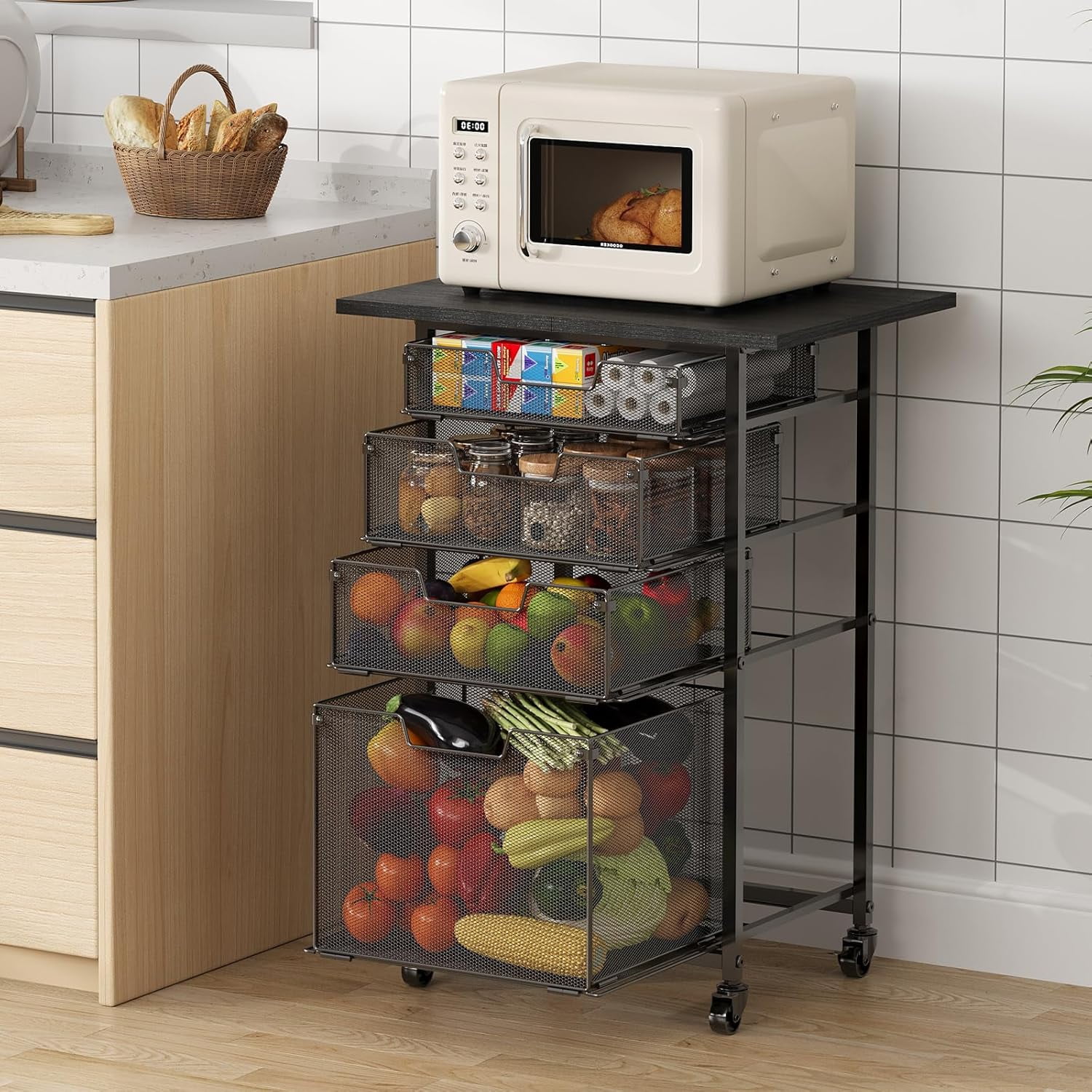 4-Tier Rolling Kitchen Microwave Cart - Kitchen Organizer and Storage ...