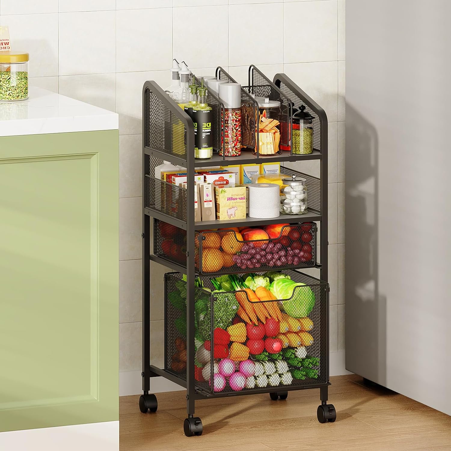 4-Tier Rolling Kitchen Storage Cart-Fruit Vegetable Storage Cart with 2 ...