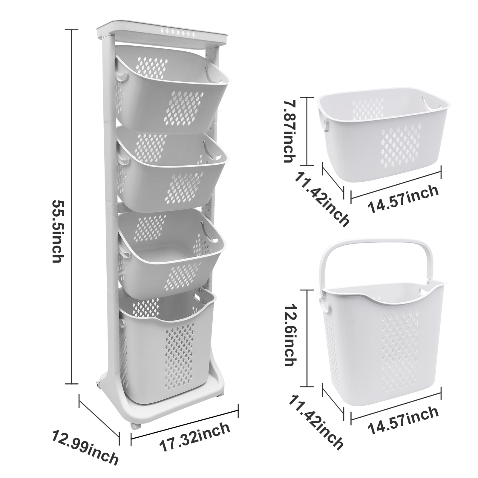 4 Tier Rolling Laundry Organizer Cart with Hollow PP Basket & Movable ...