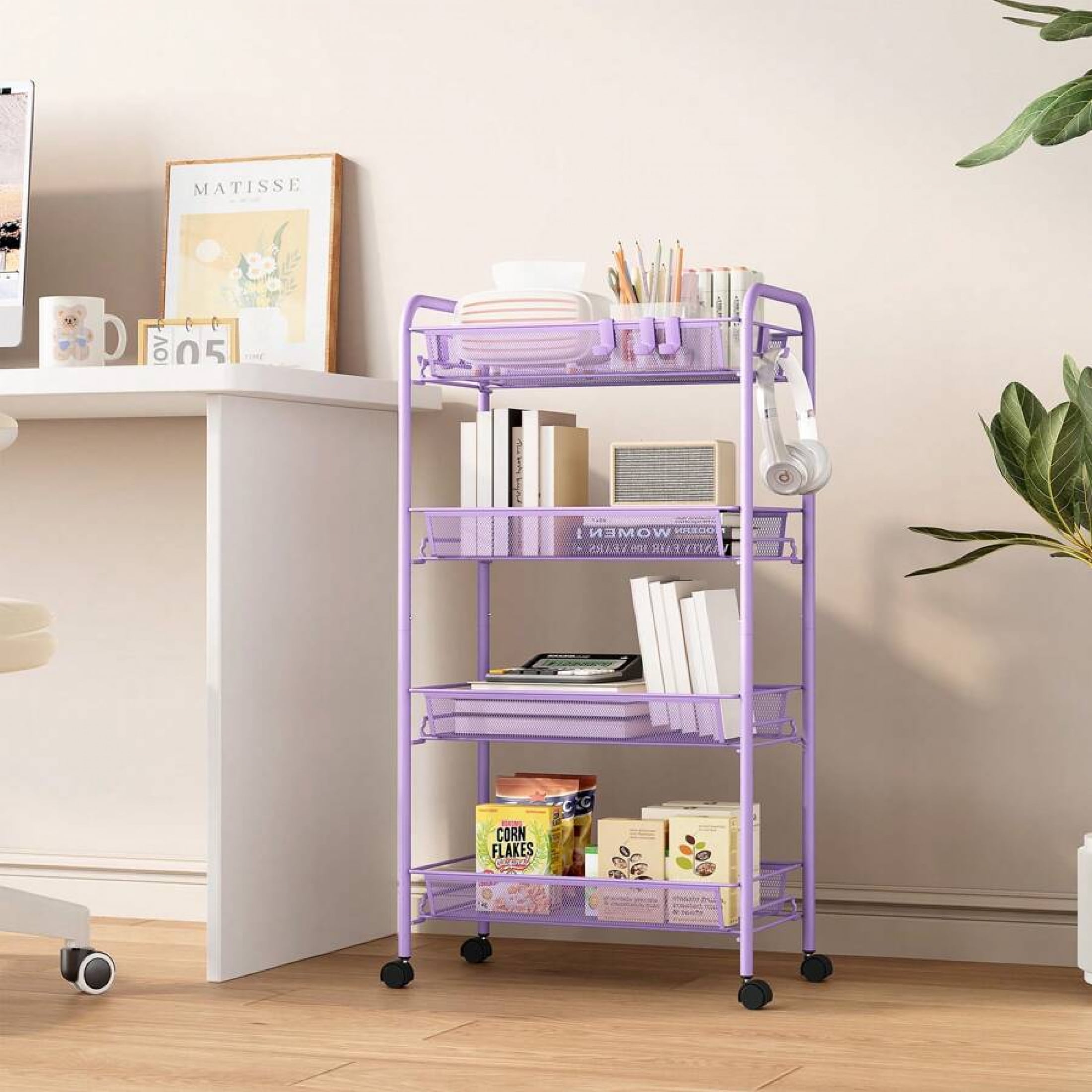 4-Tier Rolling Metal Cart - Easy-Assemble Mobile Storage Trolley with 3 ...
