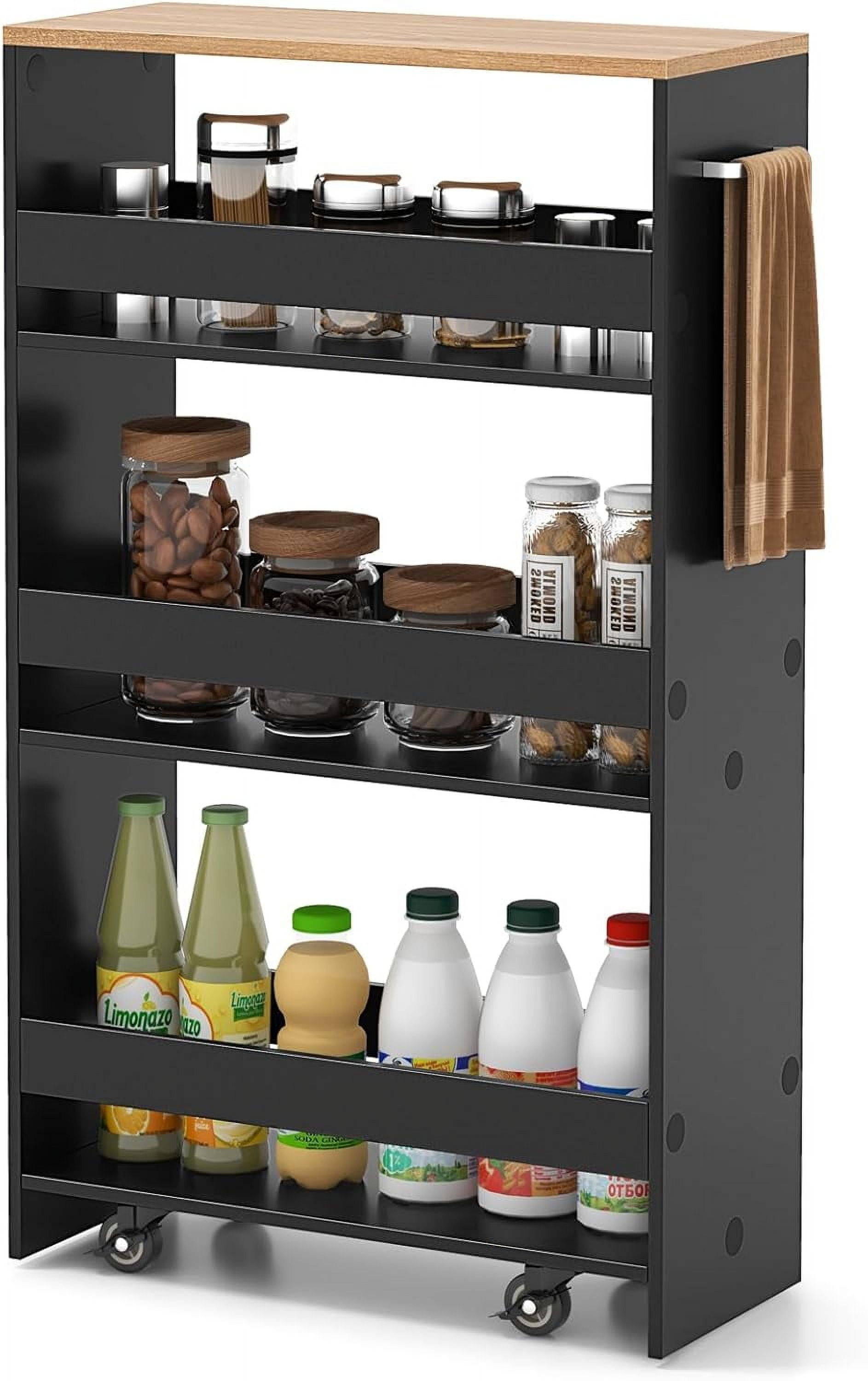 4 Tier Rolling Slim Storage Cart, 8” Narrow Slide Out Kitchen Cart w ...