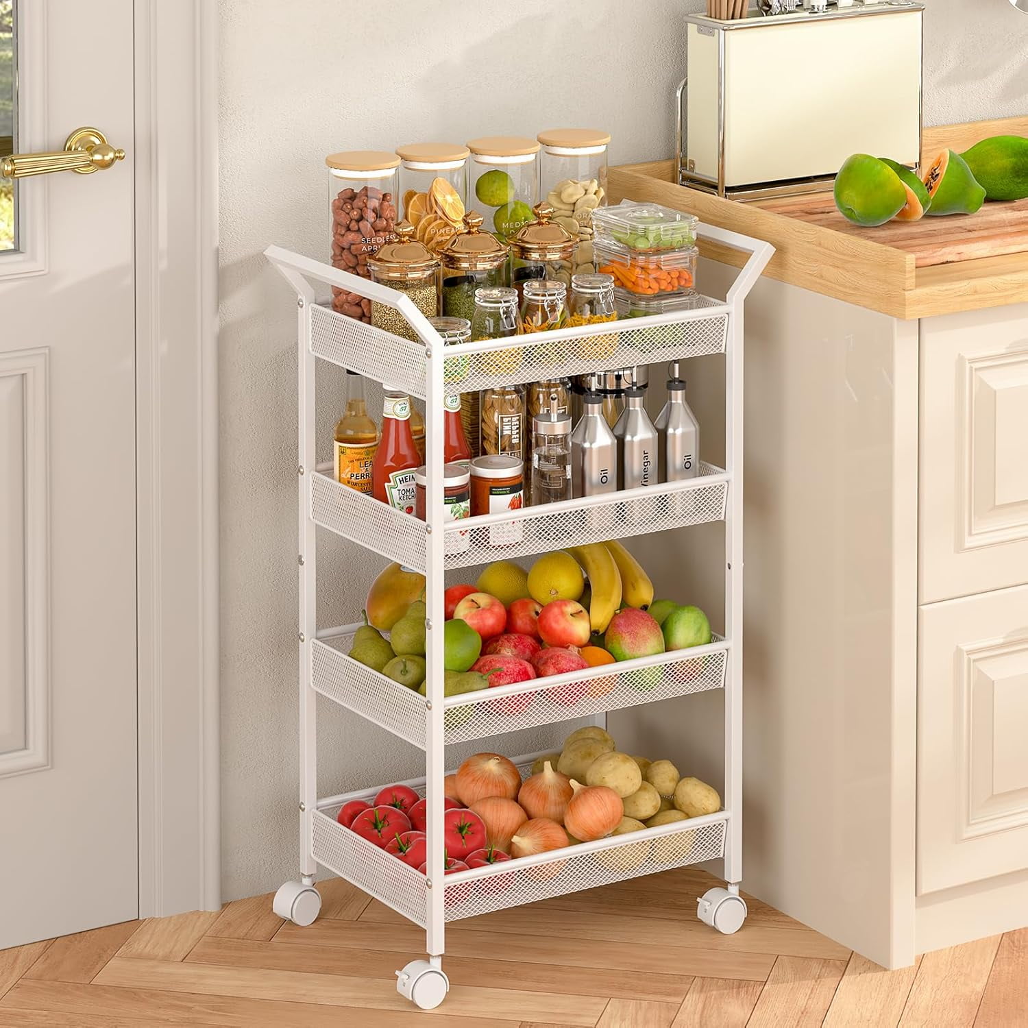 4-Tier Rolling Storage Cart for Kitchen, Pantry Organizer for Fruits ...