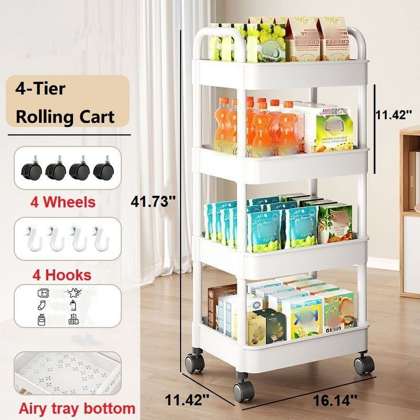 4-Tier Rolling Storage Cart, Plastic Storage Baskets, Hooks & Wheels ...