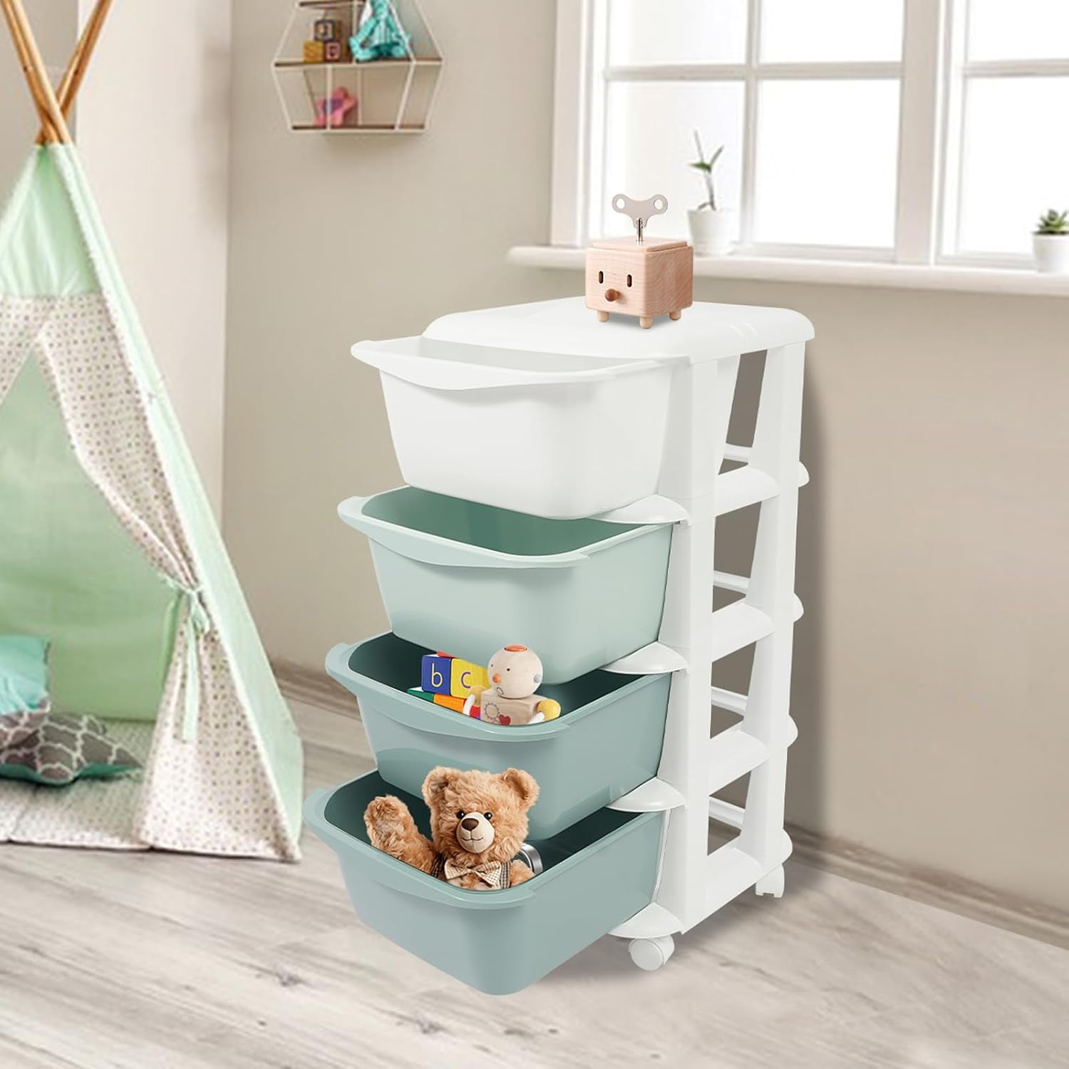 4 Tier Rolling Storage Drawer Cart, Plastic Storage Trolley with Wheels ...