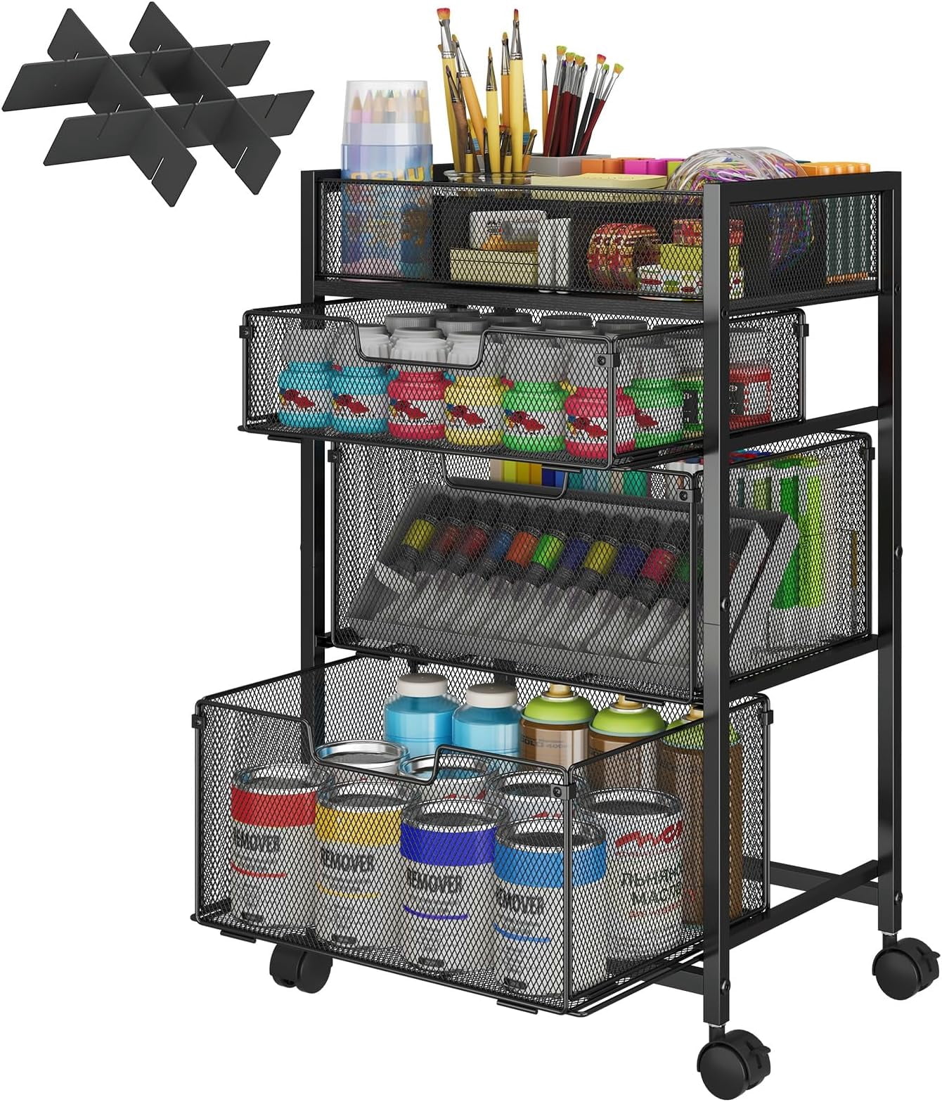 4-Tier Rolling Utility Cart with 3 Drawers, Craft Organizer and Storage ...