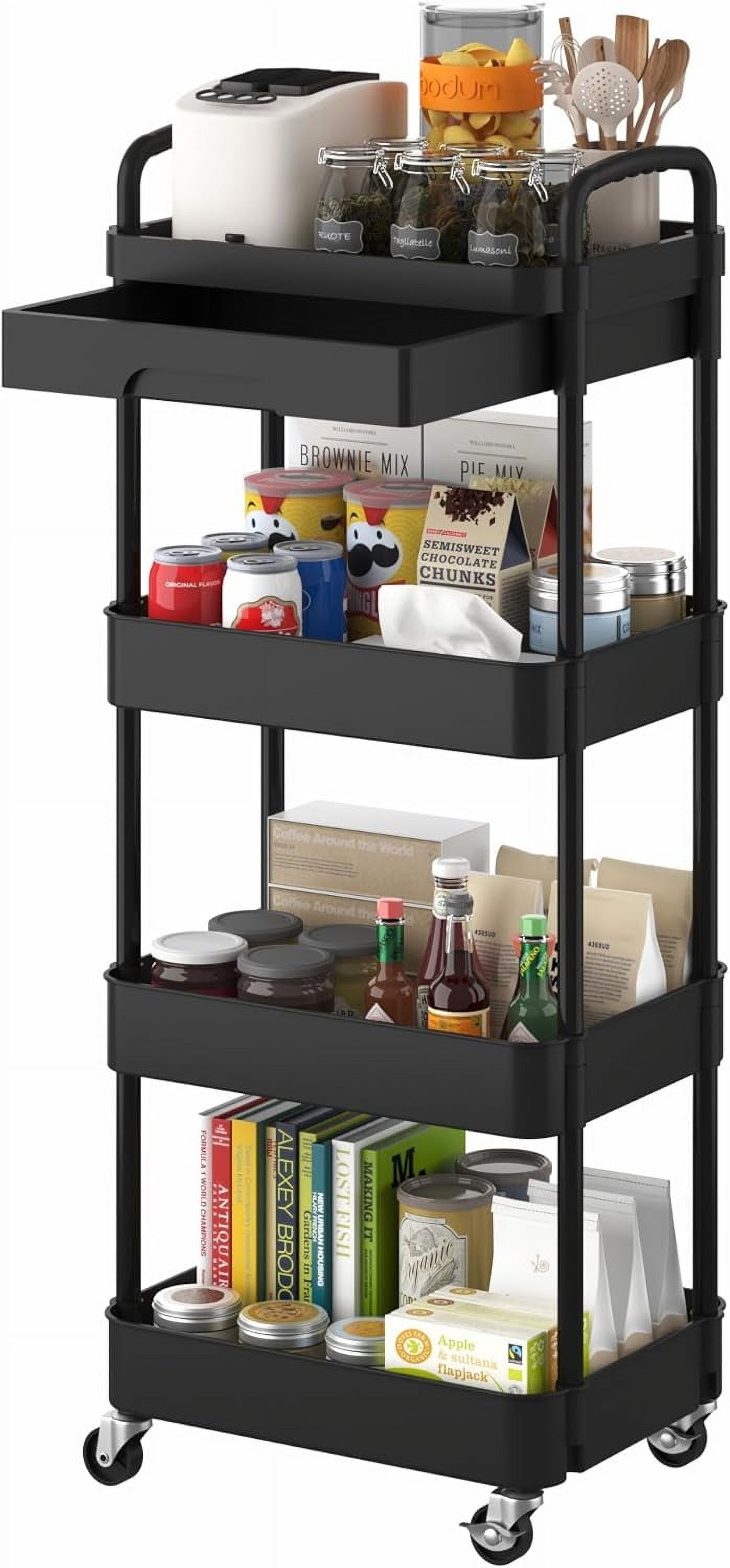 4-Tier Rolling Utility Cart with Drawer, Multi-Functional Storage Cart ...