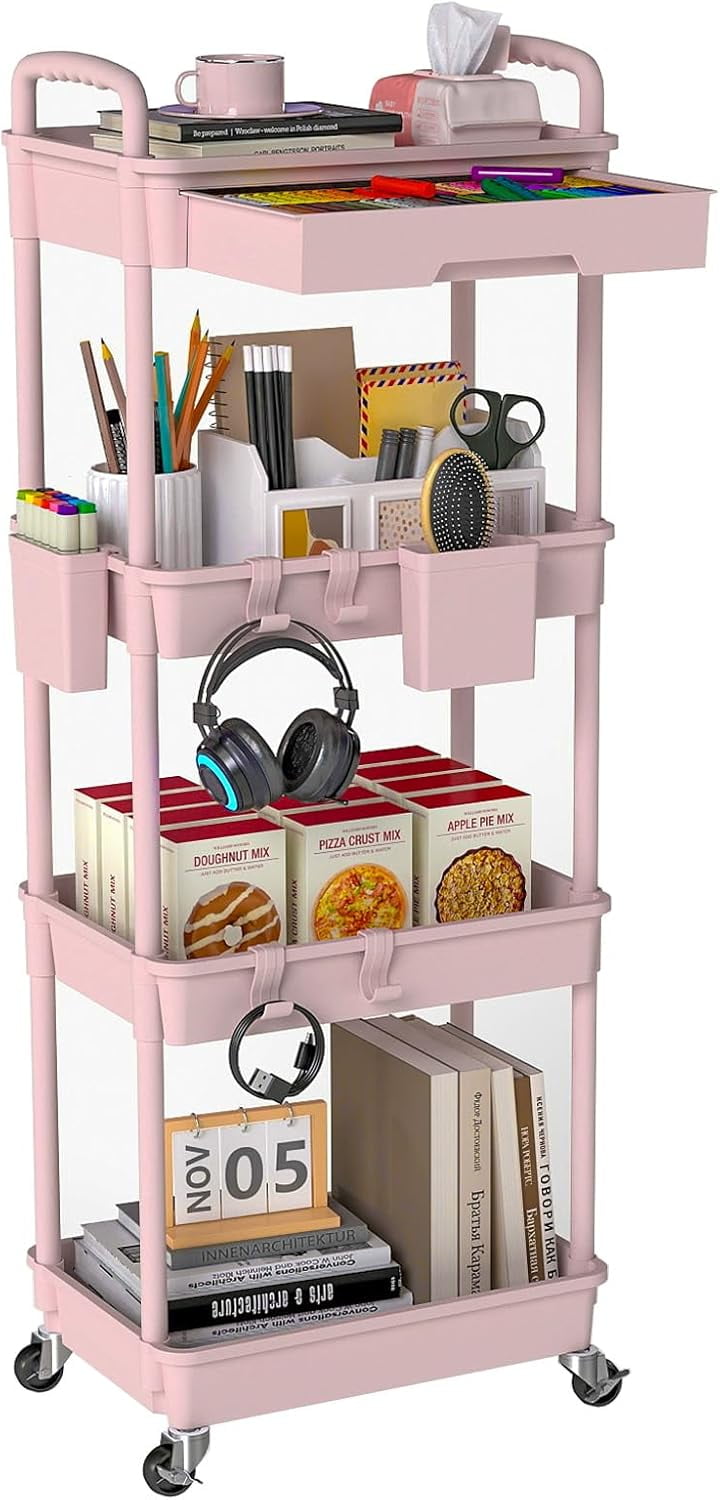 4 Tier Rolling Utility Cart with Drawer, Plastic Storage Organizer ...