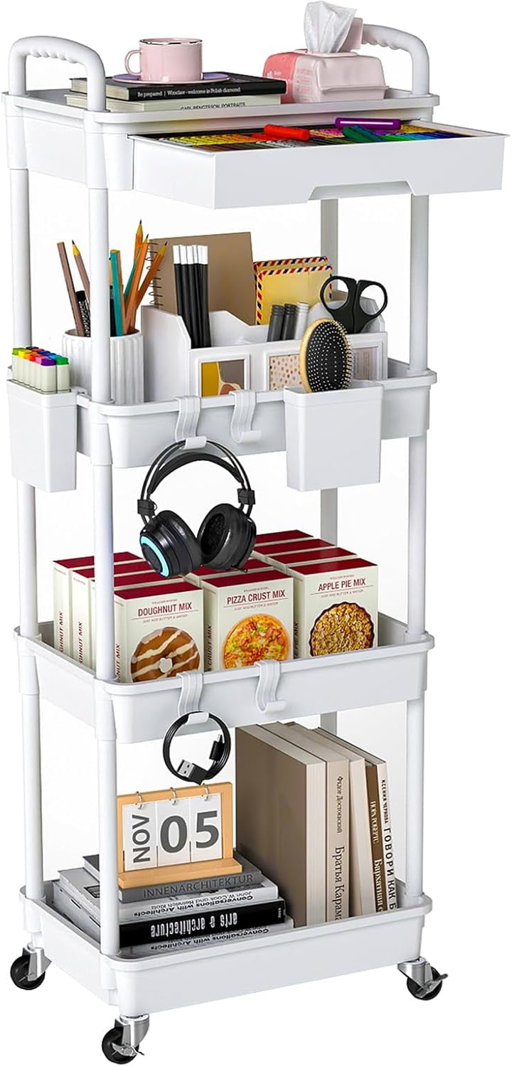 4 Tier Rolling Utility Cart with Drawer, Plastic Storage Organizer ...