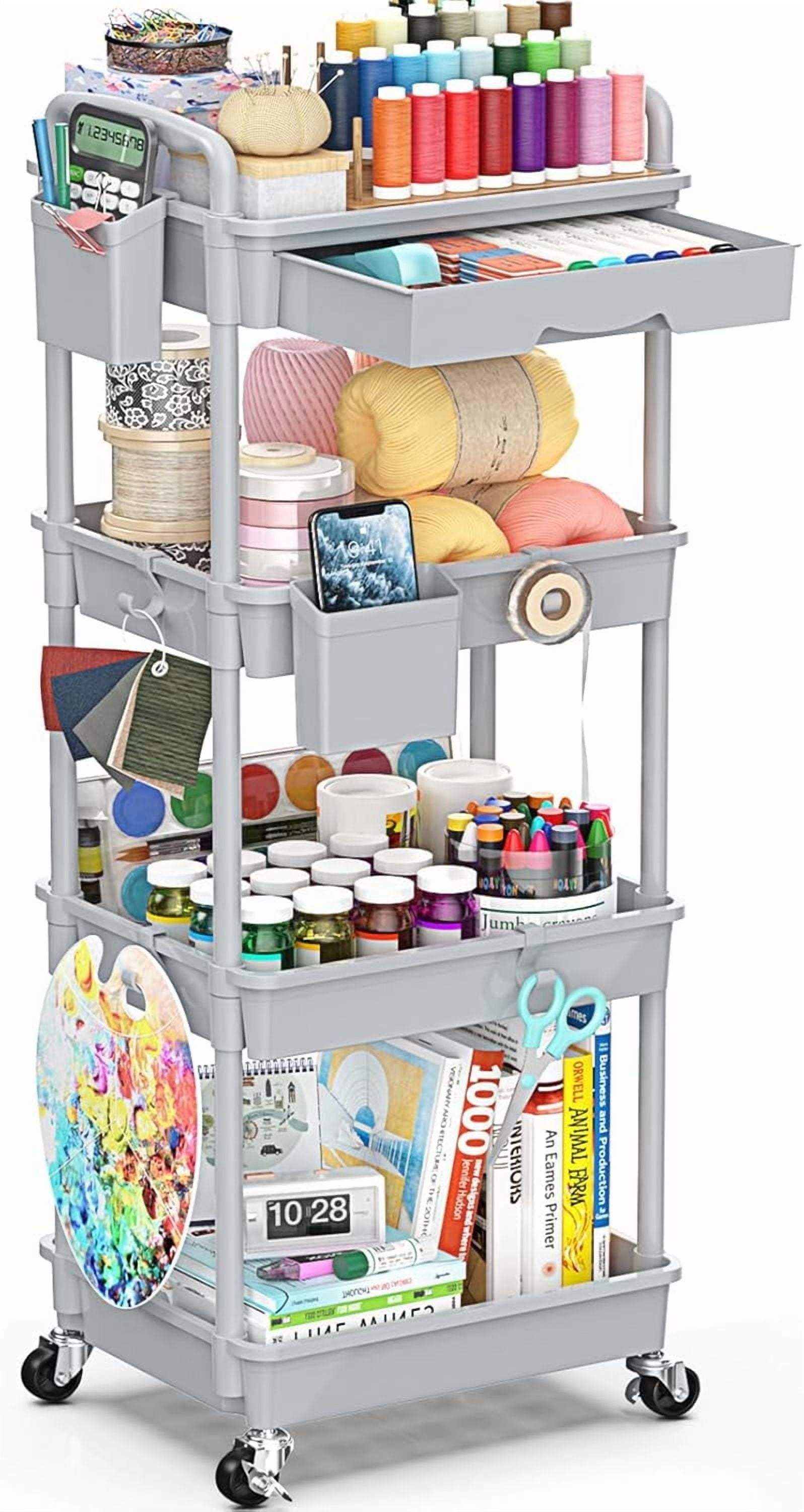4 Tier Rolling Utility Cart with Drawer, Storage Organizer Cart with 2 ...