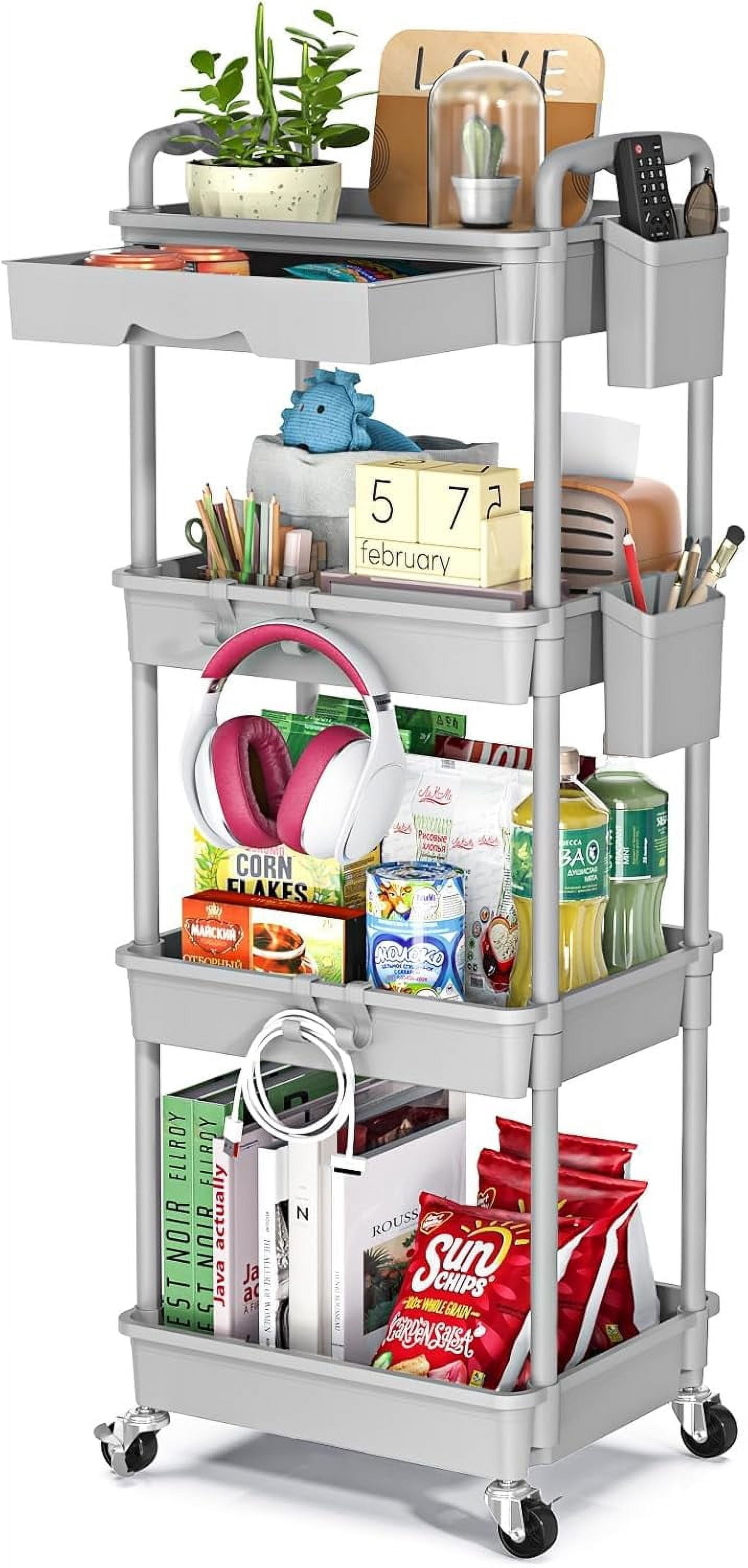 4 Tier Rolling Utility Cart with Drawer, Utility Storage Organizer with ...
