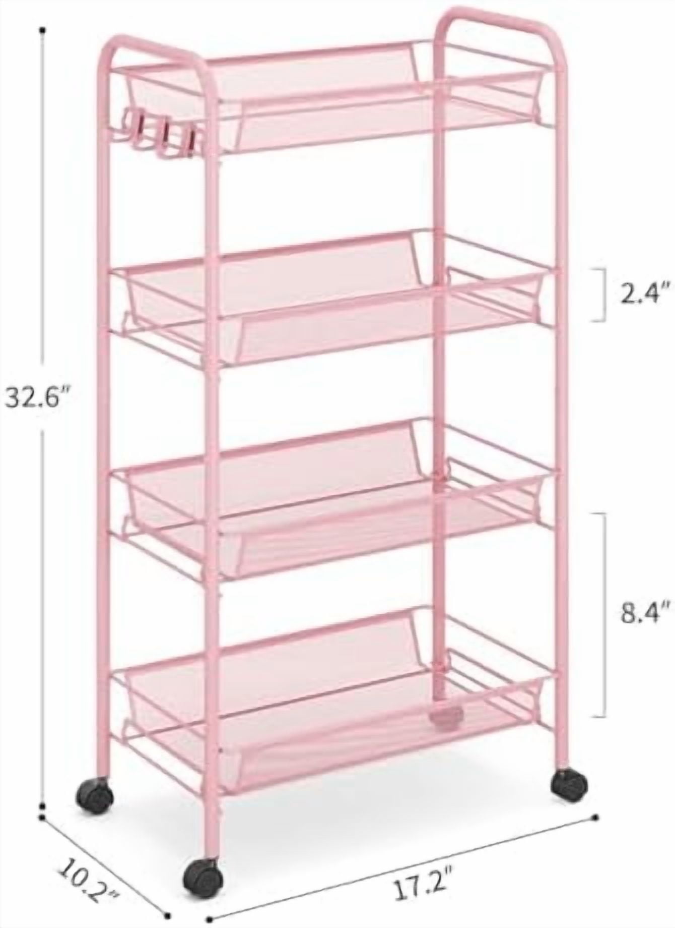 4 Tier Rolling Utility Cart - Durable Metal Design Pink Utility Cart ...