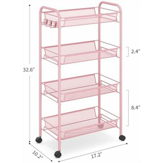4 Tier Rolling Utility Cart - Durable Metal Design Pink Utility Cart ...