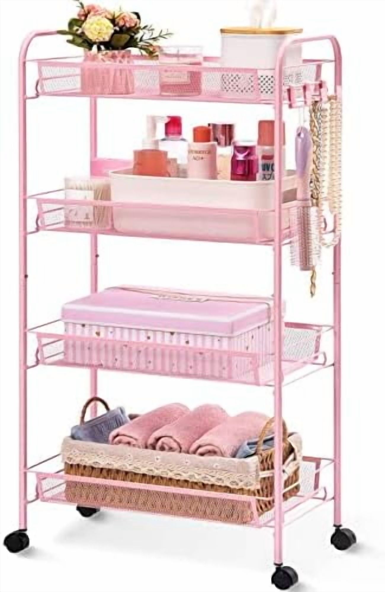 4 Tier Rolling Utility Cart - Durable Metal Design Pink Utility Cart ...