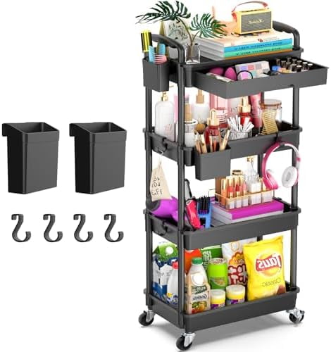 4 Tier Rolling Utility Cart Organizer with Removable Drawer, Stable and ...
