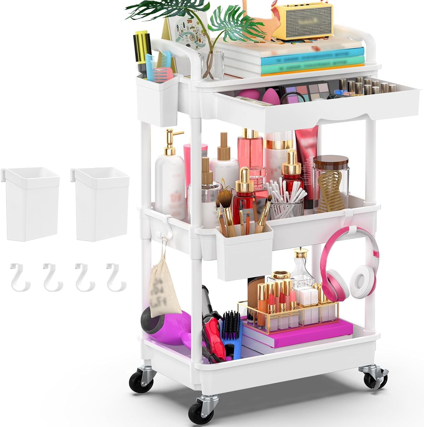 4 Tier Rolling Utility Cart Organizer with Removable Drawer, Stable and ...